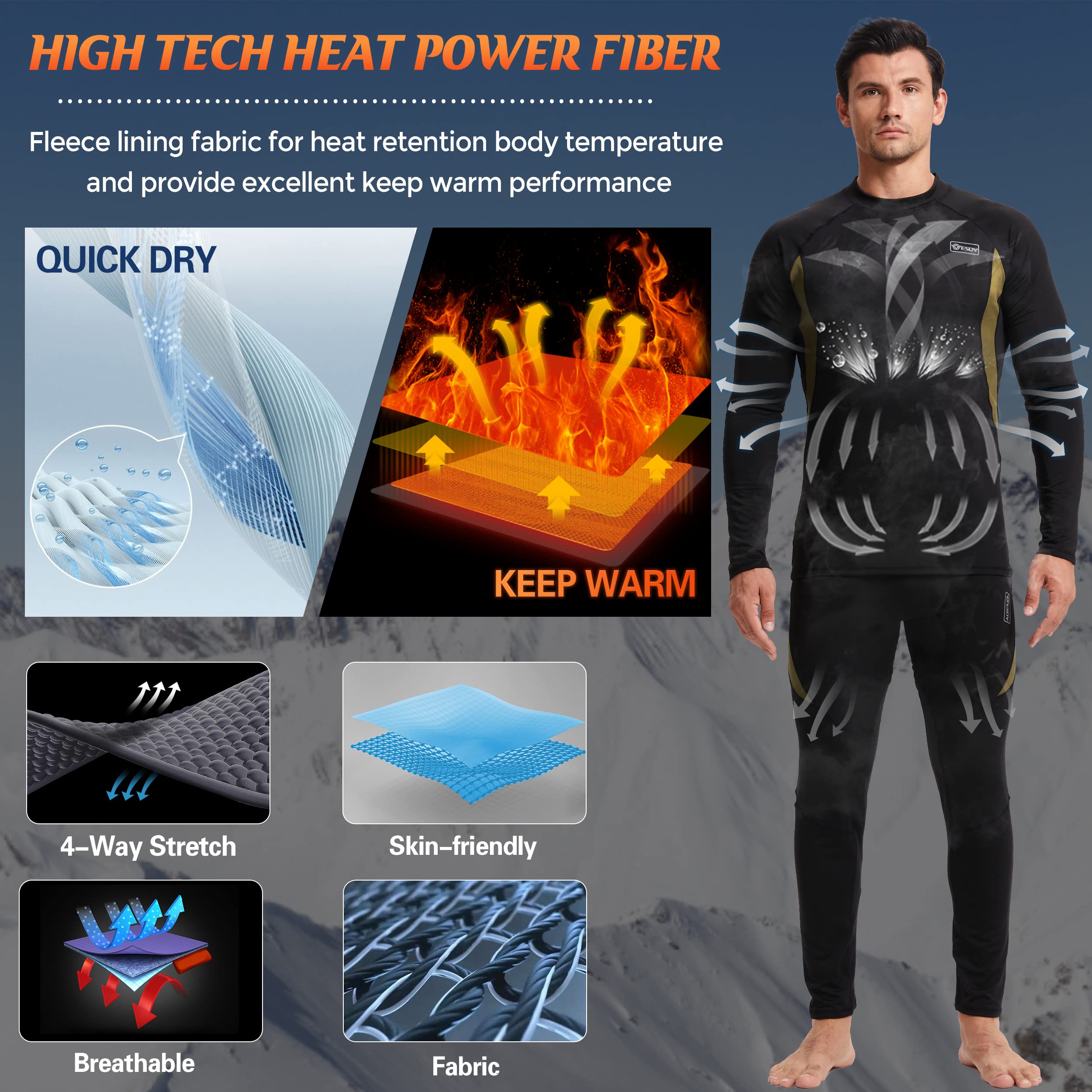 romision Thermal Underwear for Men 2 Pack Sets, Soft Long Johns Warm Base Layer Top and Bottom with Fleece Lined for Cold Winter