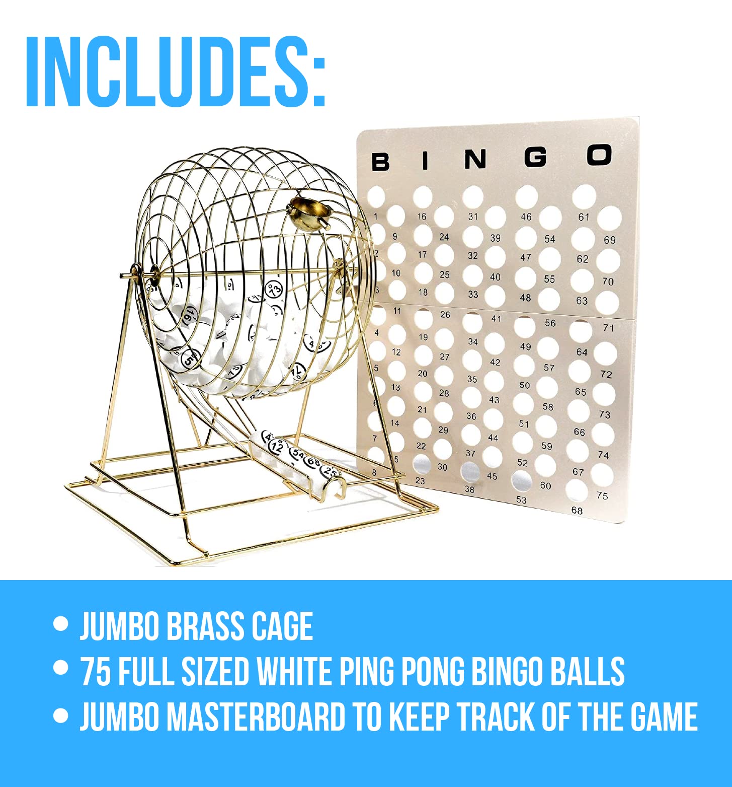 Regal Bingo - Jumbo Professional Bingo Cage - includes Brass Cage, 75 White Ping Pong Balls, Master Board - for Large Group Games, Game Night, Bingo Hall, & Holiday Activities - 16 in - Gold