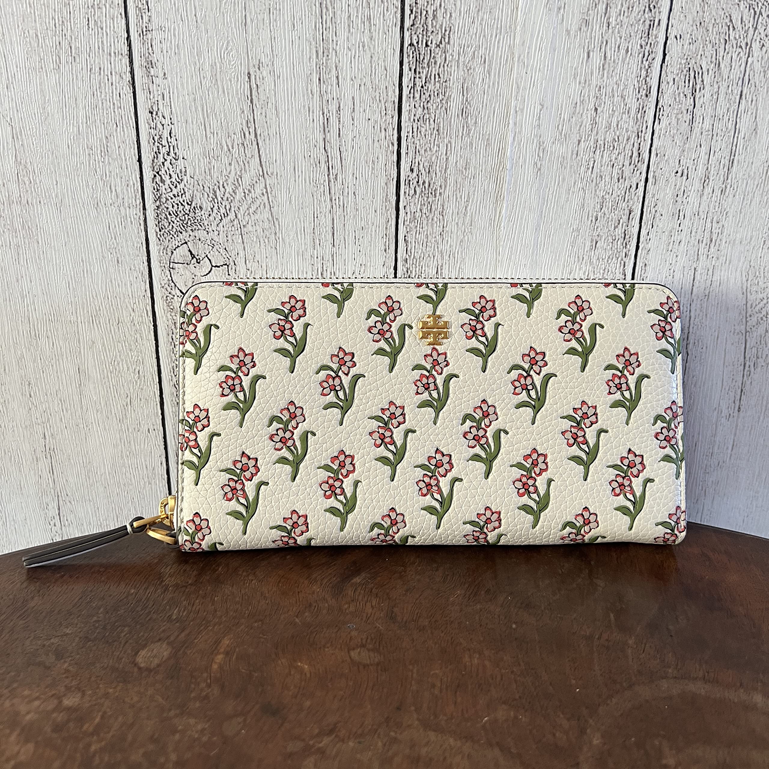 Tory Burch Emerson Mixed-Print Wristlet Zip Continental Wallet (Cream, Red, Green Block Print Ditsy)