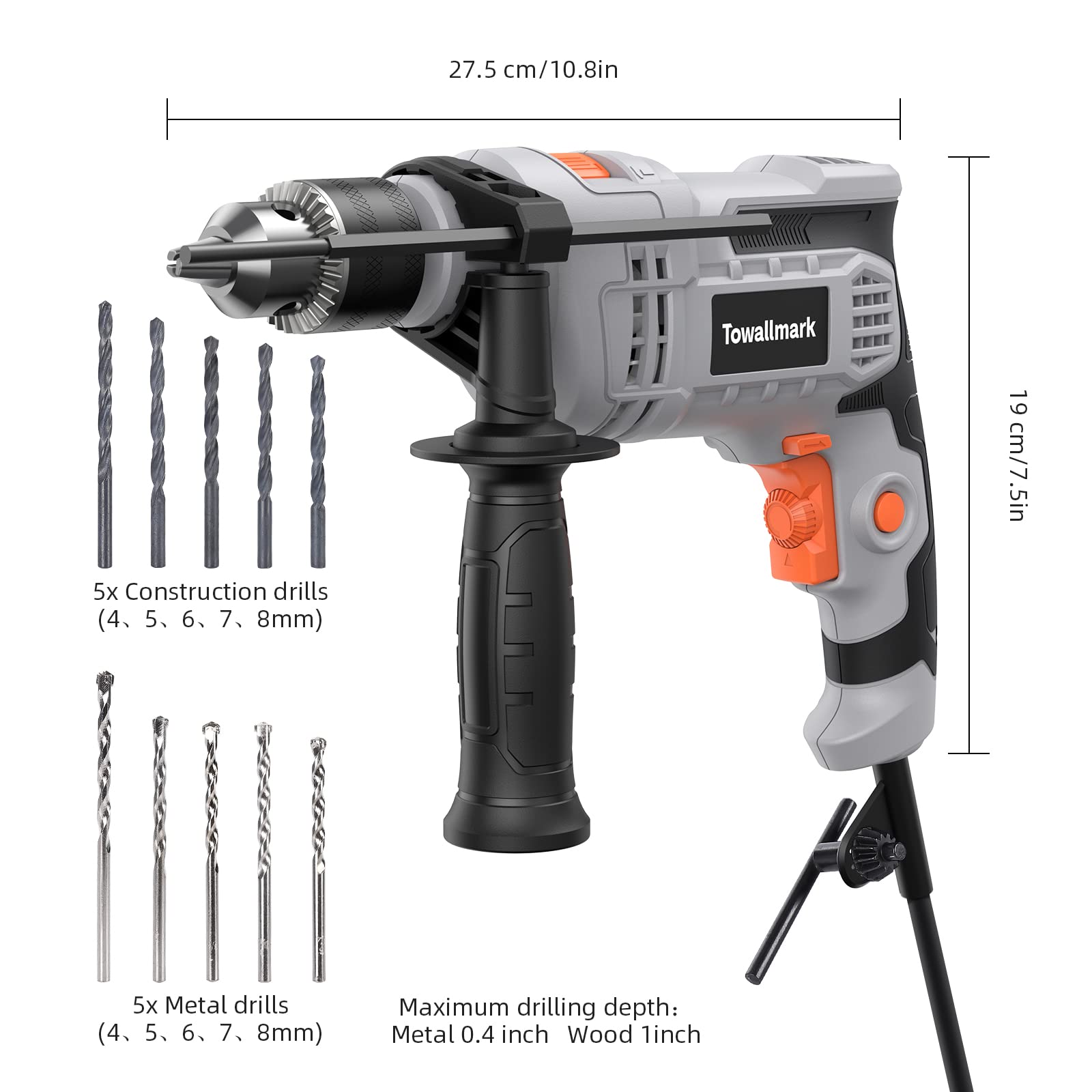 Towallmark 7-Amp (850W) Hammer Drill, 1/2-Inch Corded Electric Hammer Drill with 3000RPM, Variable Speed, 10 Drill Bits for Home Improvement, DIY, Steel, Masonry, Wood (NOT for Reinforced Concrete)