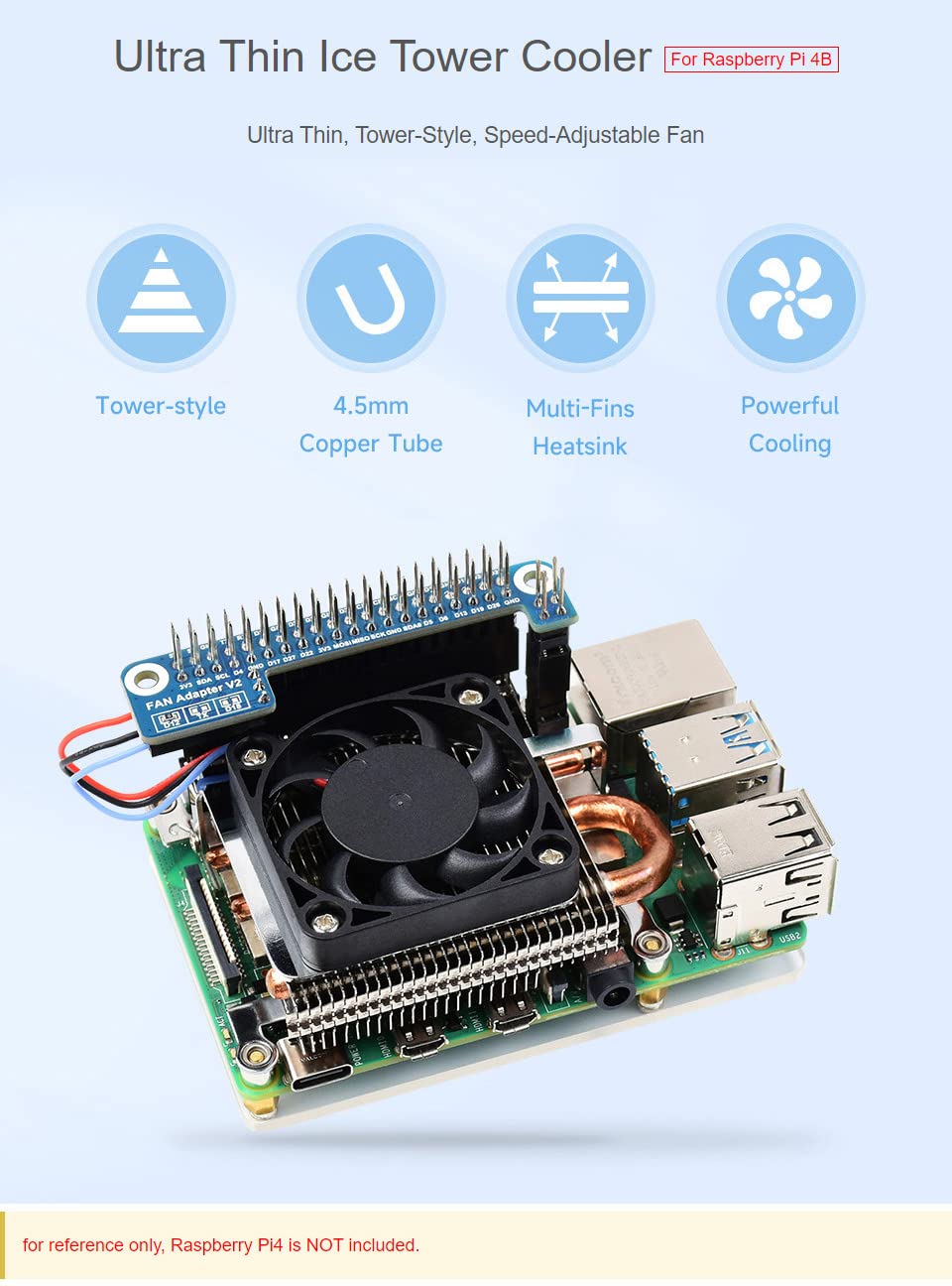Waveshare Ultra Thin ICE Tower Cooling Fan Compatible with Raspberry Pi 4B 4.5mm Copper Tube Adjustable Speed Strong Heat Dissipation Comes with Fan Adapter and Pinheader