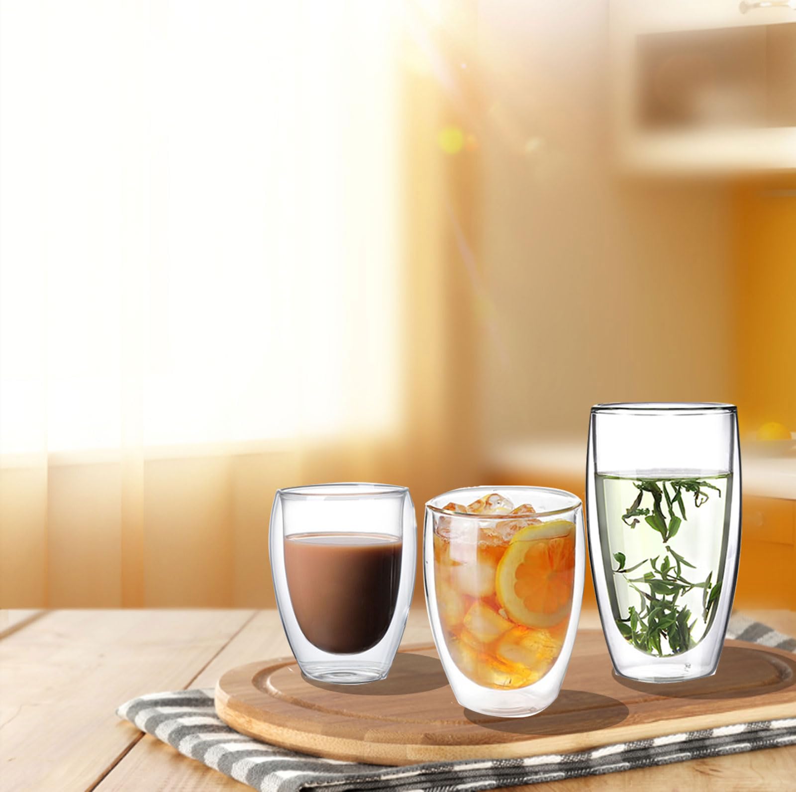 OKE Double Wall Glass Coffee Mugs,Espresso cups,Insulated Clear Coffee Cup Mugs Set,Perfect for Coffee, Juice, Tea, Hot Chocolate, Etc(Set of 2 - with coasters) (10 OZ)