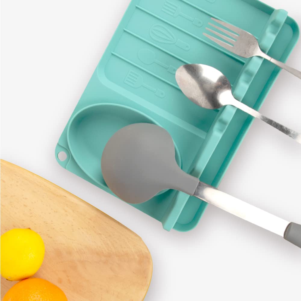 Zilicone Valet Silicone Spoon Rest with Drip Pad - 5 Slotted Spoon Rest for Kitchen Utensils, Tongs, Ladles - Heat Resistant Spoon Holder for Stove Top, Countertops, & Tables (Blue, 1)