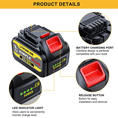 Simple Plus+ 20V/60V 9.0Ah MAX Replacement for DeWalt Battery, Replace for Dewalt DCB606-2 DCB609 DCB612 DCB205 DCB200, Compatible with All 20V Tools and Chargers