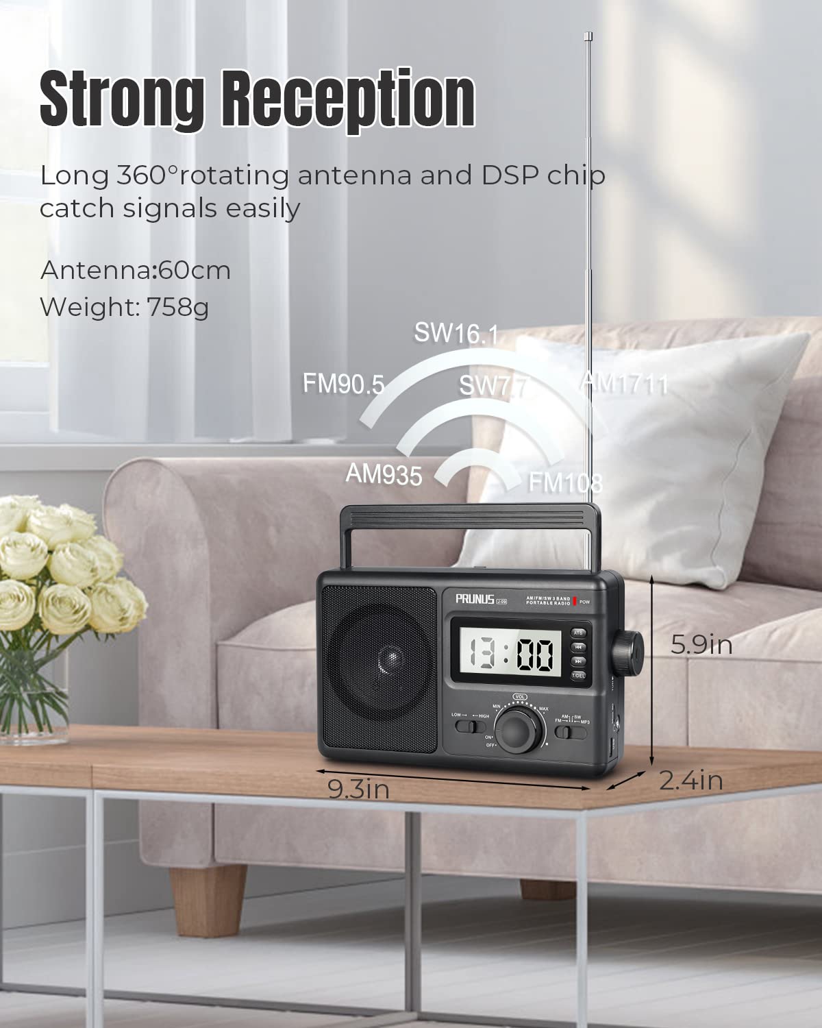 PRUNUS J09 Digital AM FM Portable Radio Shortwave, Bigger Screen for Elderly, AC/ 4 D Cell Batteries Powered,TF Card/USB Player, Time Setting, Earphone Jack, Auto Station Preset for Seniors/Hurricane