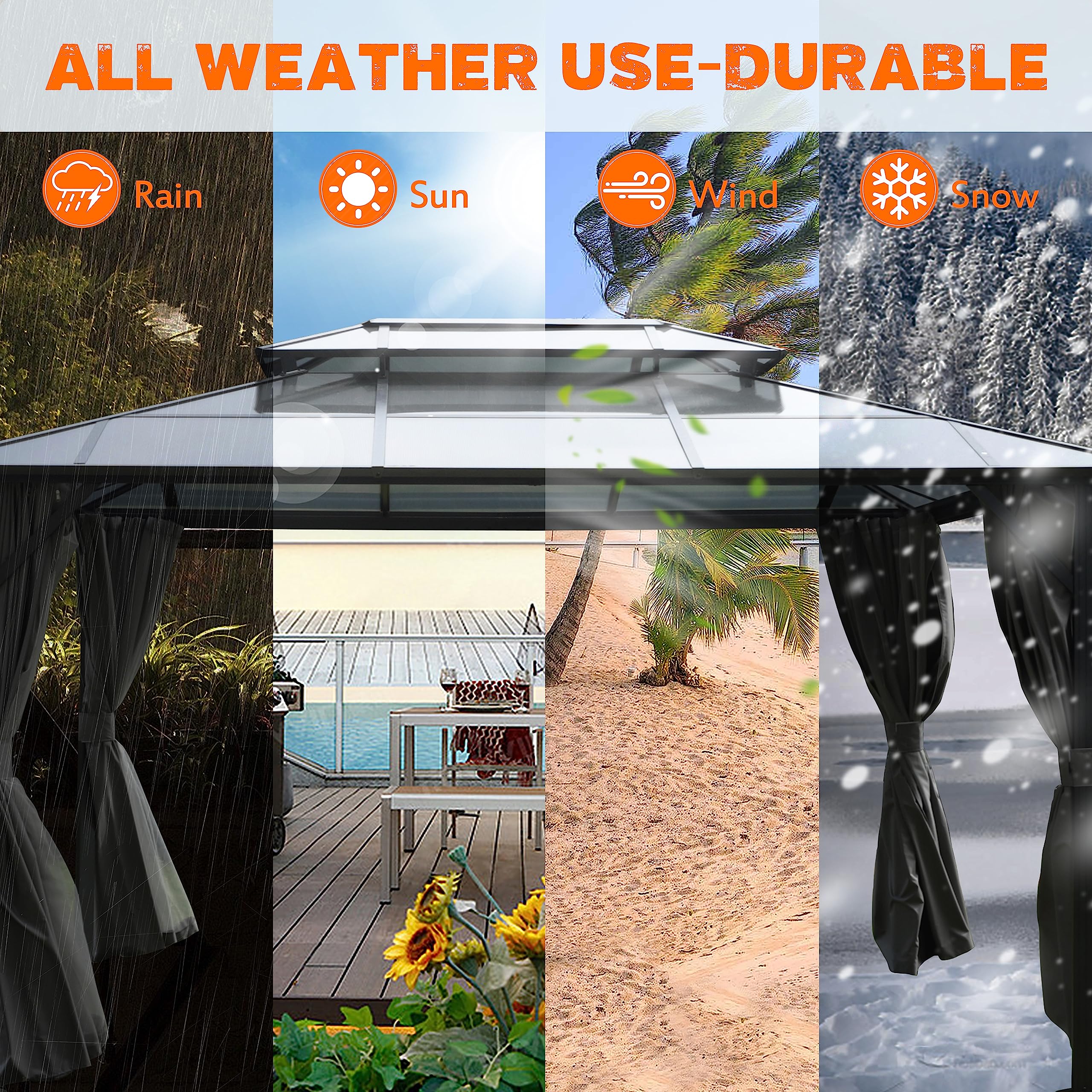 MUPATER Outdoor 10' x 13' Polycarbonate Hardtop Gazebo with Aluminum Frame, Double Roof Canopy, Netting and Curtainsfor Patios, Deck, Lawns, Gardens and Pools