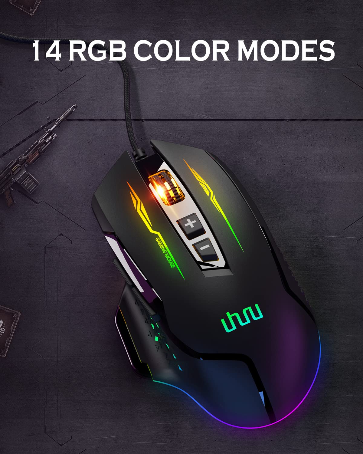 UHURU Wired Gaming Mouse, WM-07L RGB Computer Wired Mouse with 7 Programmable Buttons 14 Backlights Modes up to 12800 DPI for Windows PC Laptop Gamers