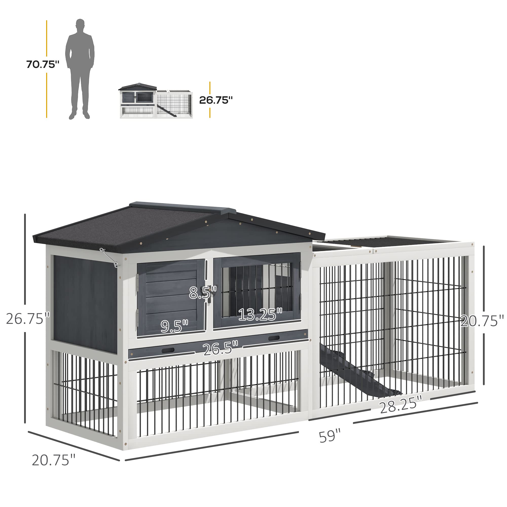 PawHut Rabbit Hutch, 2 Story Outdoor Bunny Cage with Slide-Out Tray, Run Cage, Openable Top for Rabbits, Guinea Pig, Dark Gray
