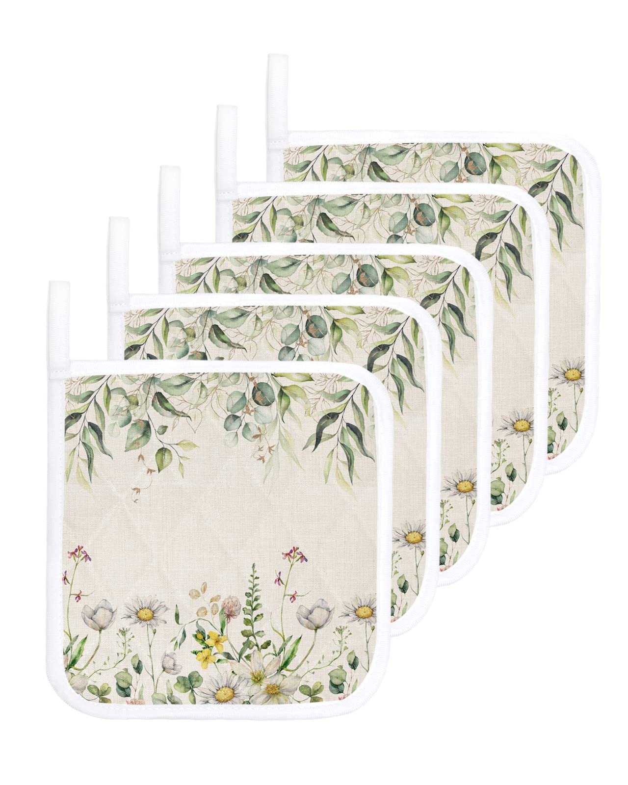 Spring Floral Pot Holders for Kitchen Heat Insulation, Weeping Eucalyptus Leaves Botanical Summer Flowers Daisy Potholders Hot Pads with Hanging Loop, Washable Pot Holder Trivet for Cooking 5 Pack