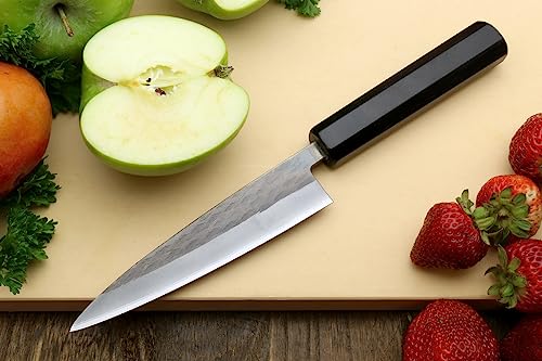 Yoshihiro Kurouchi Black-Forged Blue Steel Stainless Clad Petty Utility Knife Ebony Handle (5.3'' (135mm) & No Saya)