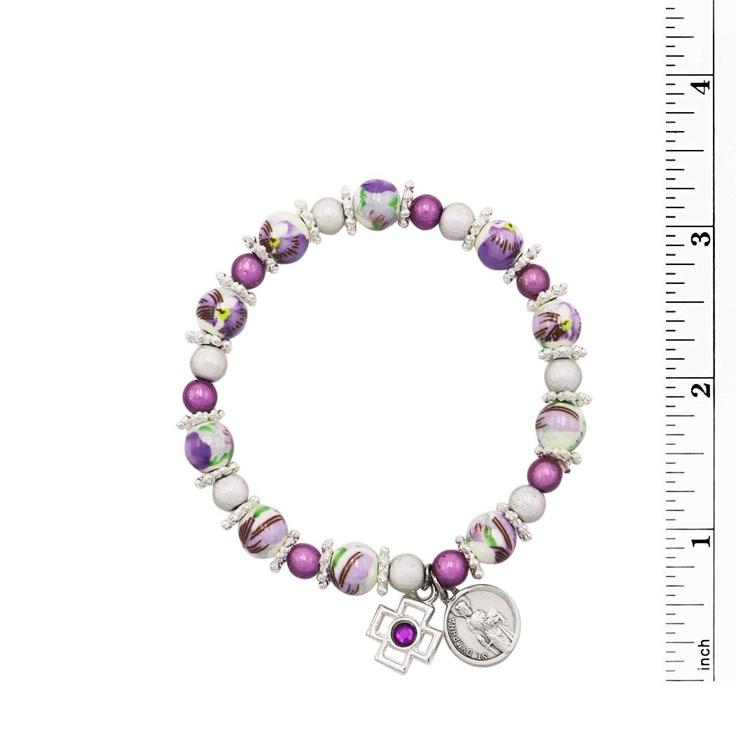 Rosemarie & Jubalee Women's Religious St Dymphna Purple and White Ceramic Bead Stretch Bracelet