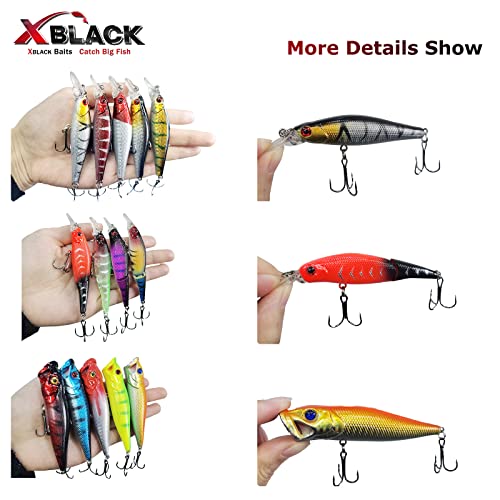 XBLACK Hard Fishing Lures Set 20PCS Minnow Popper Jointed Frog Cicada Cricket Baits for Beginner Starter, XBLACK Baits, Catch Big Fish!