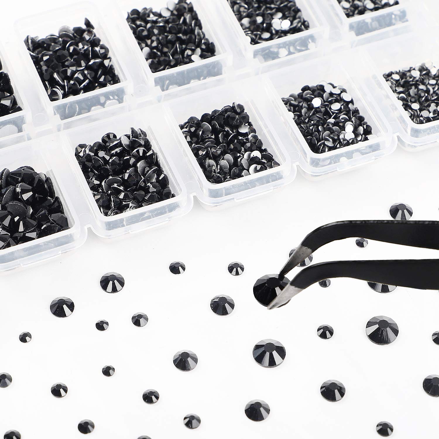 Outuxed 3200pcs Black Rhinestones 6 Size(1.6-6.4mm) FlatBack Crystal Rhinestones Gems for Crafts with Tweezers and Picking Pen