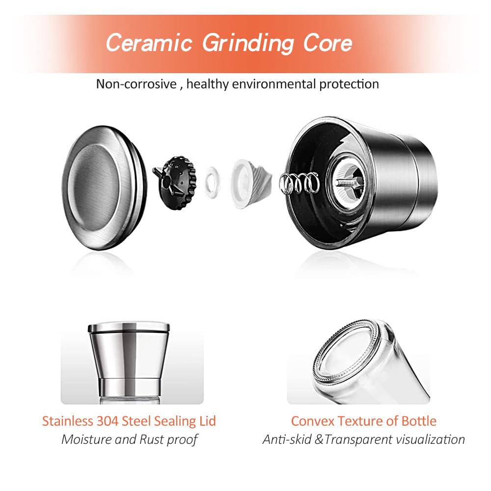 OIULO Salt and Pepper Grinder Set with Steel Base Tray, RefillablePepper Grinder Set - Brushed Stainless Steel - Short Glass Jar with Adjustable Coarseness for Grinding Pepper Grains, Salt or Spices