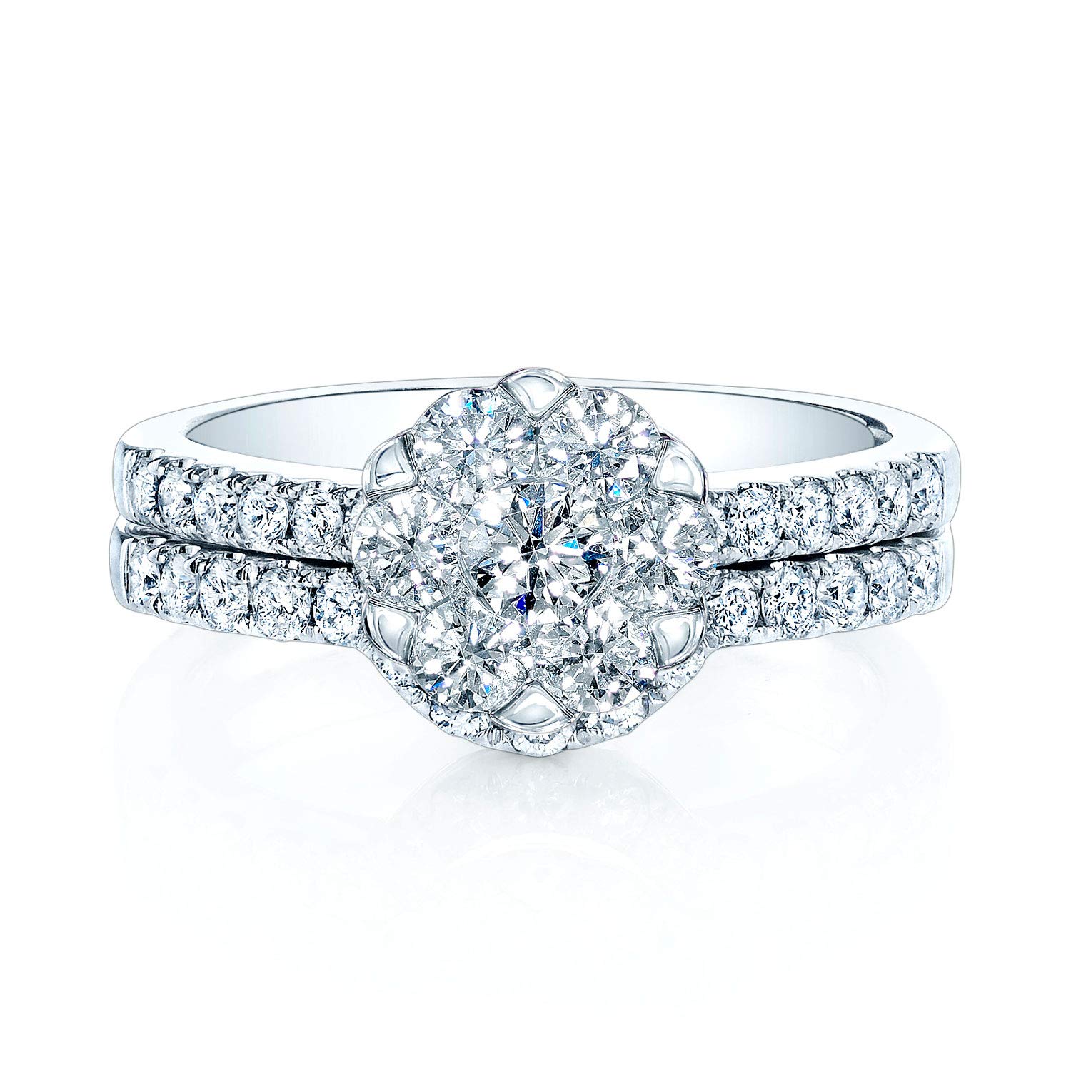 Olive & Hill Fine Jewelry 14K White Gold 1-1/8 Cttw Diamond Pave Round Cluster Engagement & Wedding Ring Set (H-I Color), Size 7