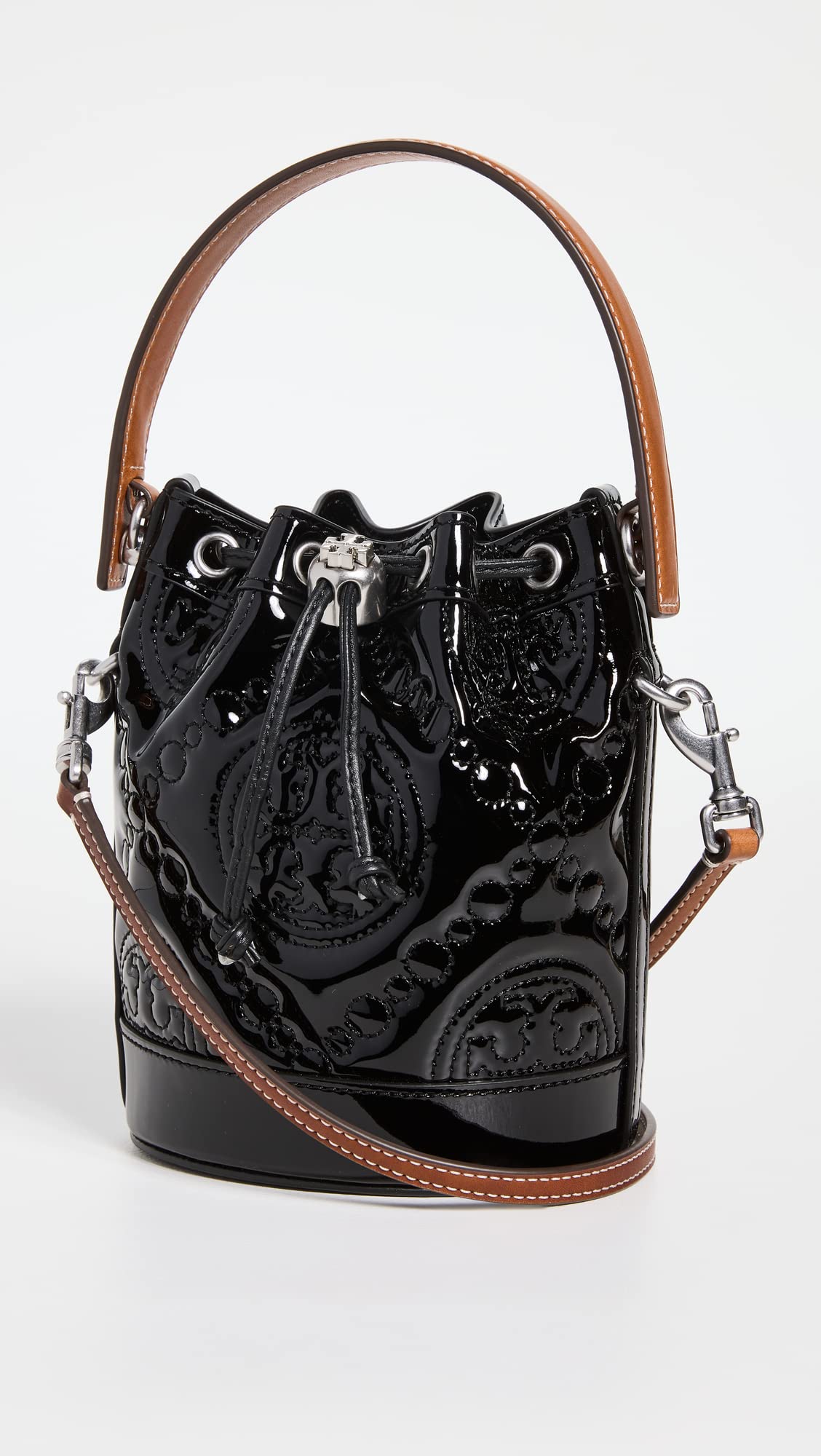 Tory Burch Women's T Monogram Puffy Patent Mini Bucket Bag, Black, One Size