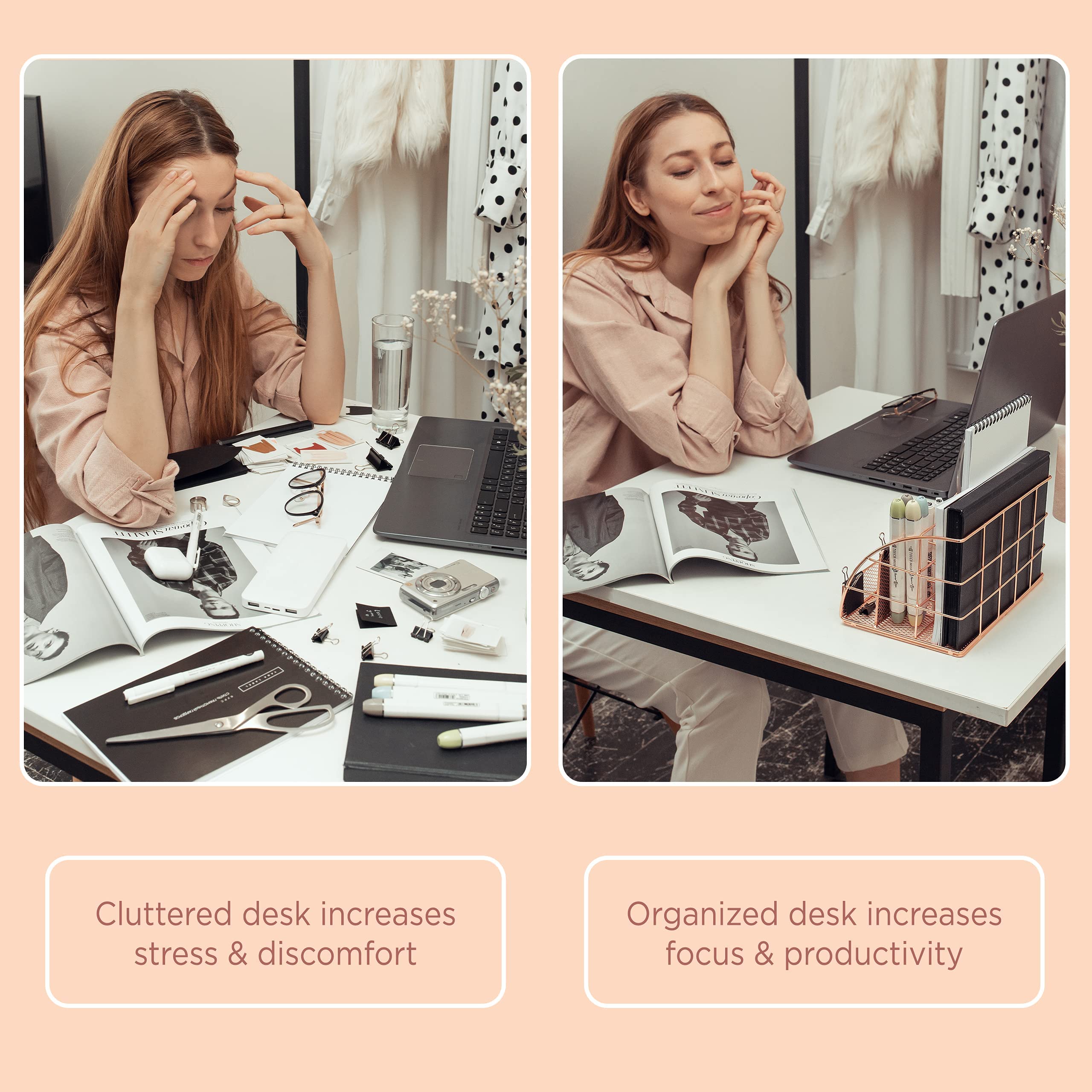 Rose Gold Desk Organizer for Women Cute Home Office Accessories & Supplies Decor, Girly Desktop Stationary Essentials Organization Set, Mesh Caddy Storage 5 Compartments +1 Mini Sliding Drawer