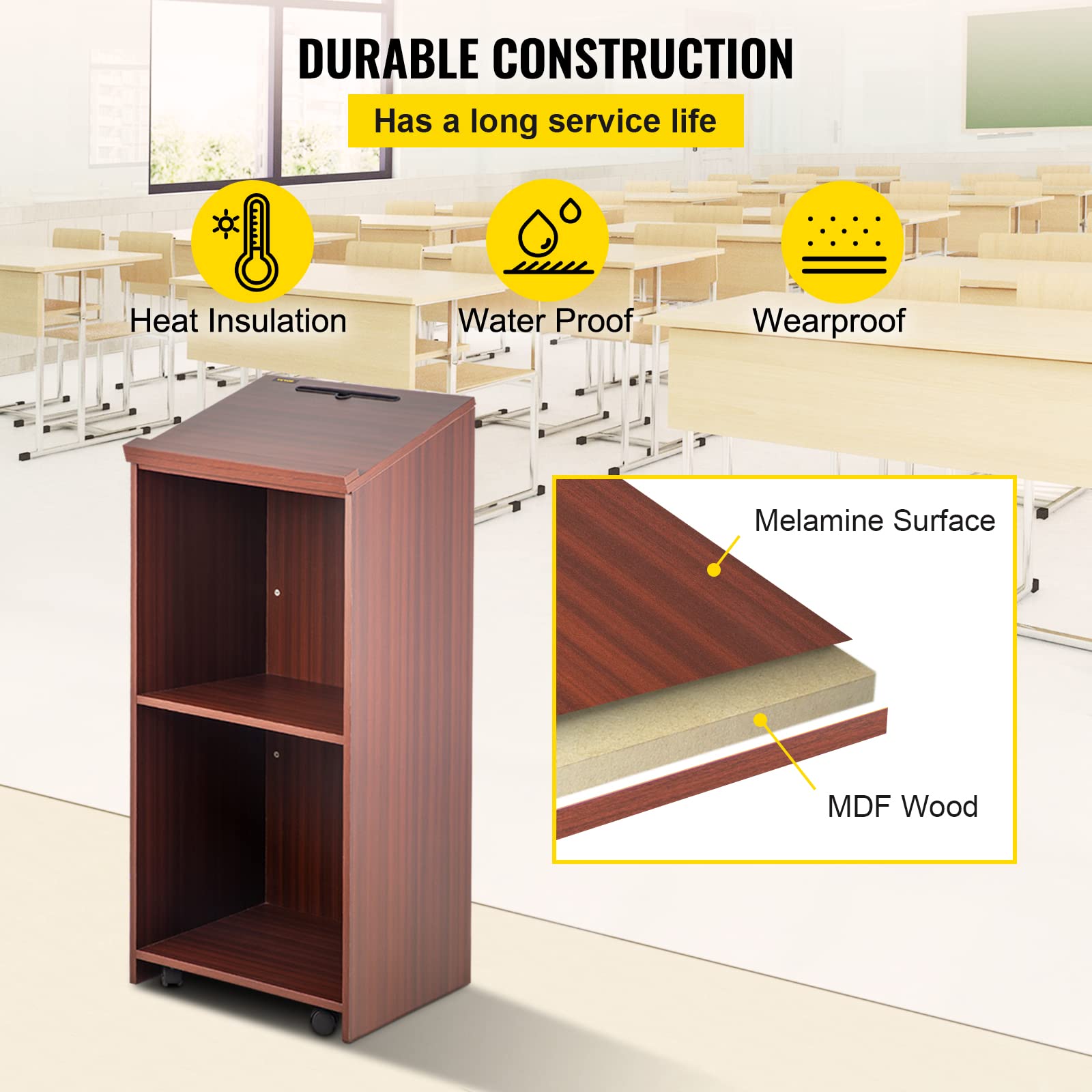 VEVOR Wood Podium, 23.6" x 47.2", Lecterns and Podiums w/ 4 Rolling Wheels, Slant Surface, Baffle Plate & Shelf, Easy Assembly Walnut Lecterns for Church, Office, School, Home