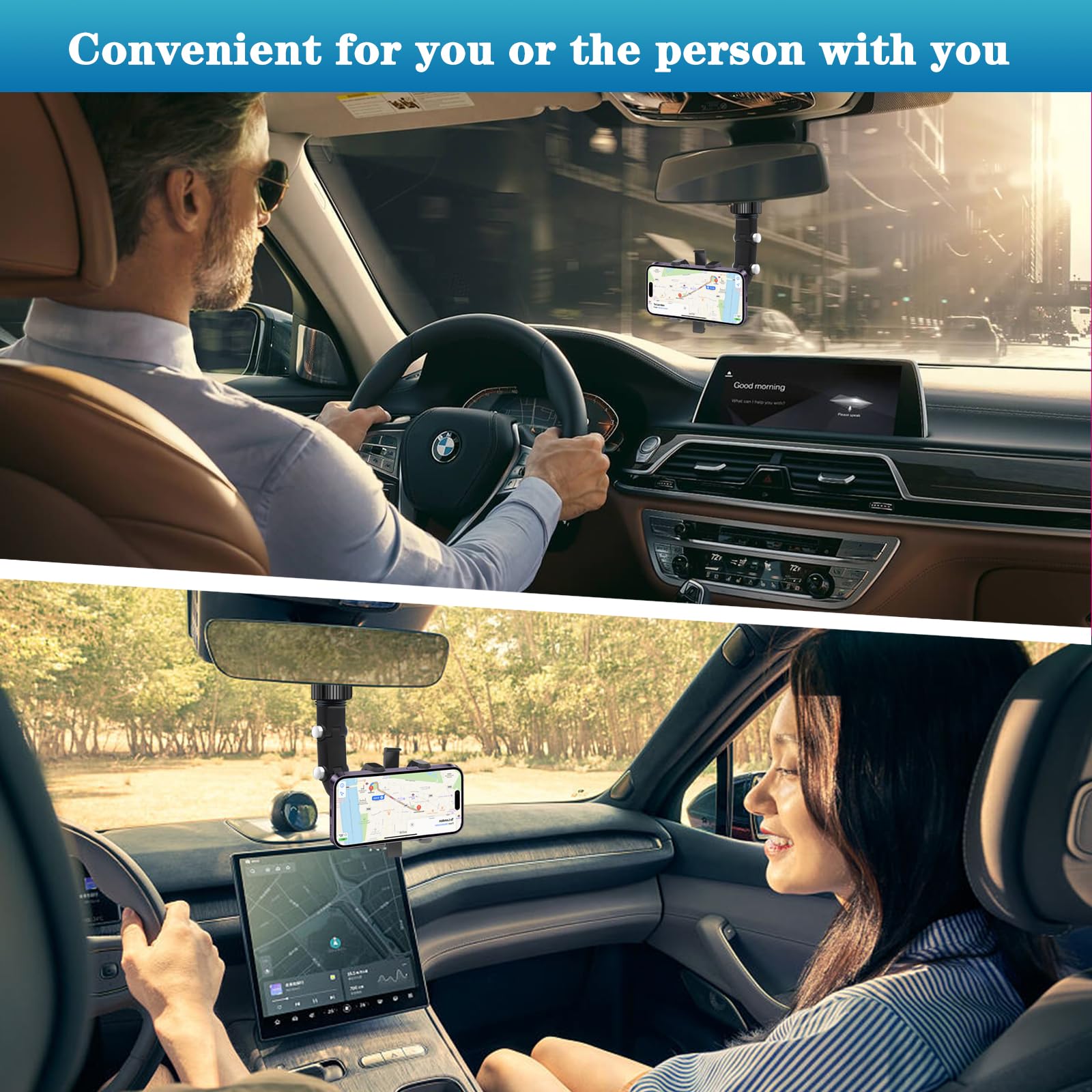 Rear View Mirror Phone Holder for Car, 360° Rotatable and Retractable Car Phone Holder Mount, Upgraded Universal Rearview Mirror Car Cell Phone Holder Fit All iPhone Android Mobile Phone & Most Car