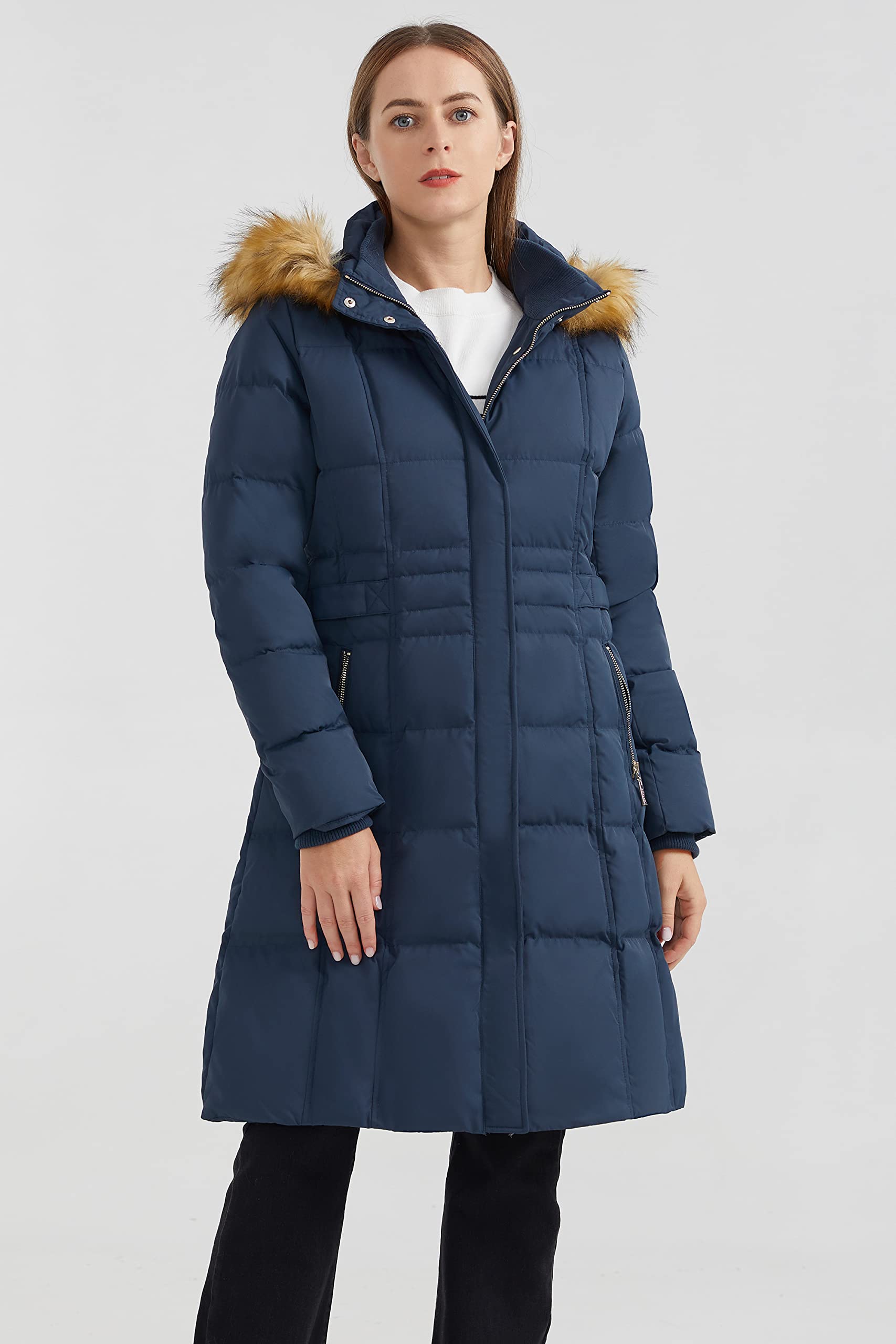 Orolay Quilted Down Jacket Women Winter Long Coat Puffer Jacket with Fur Hood Navy L