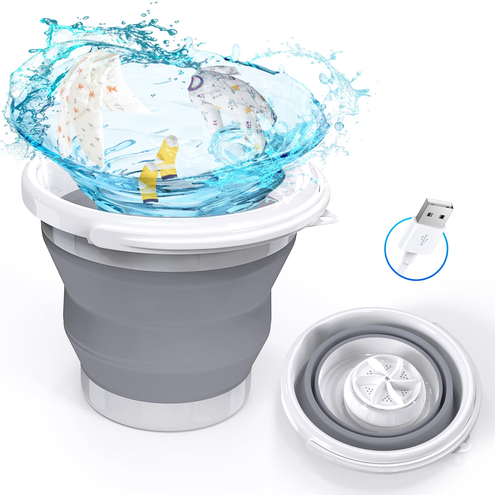 Portable Washing Machine, Compct Mini Washer for Camping with 5L Foldable Laundry Tub, Ultrasonic Turbine Washer for RV Travel Camping Apartment Baby Clothes Underwear Socks Towels