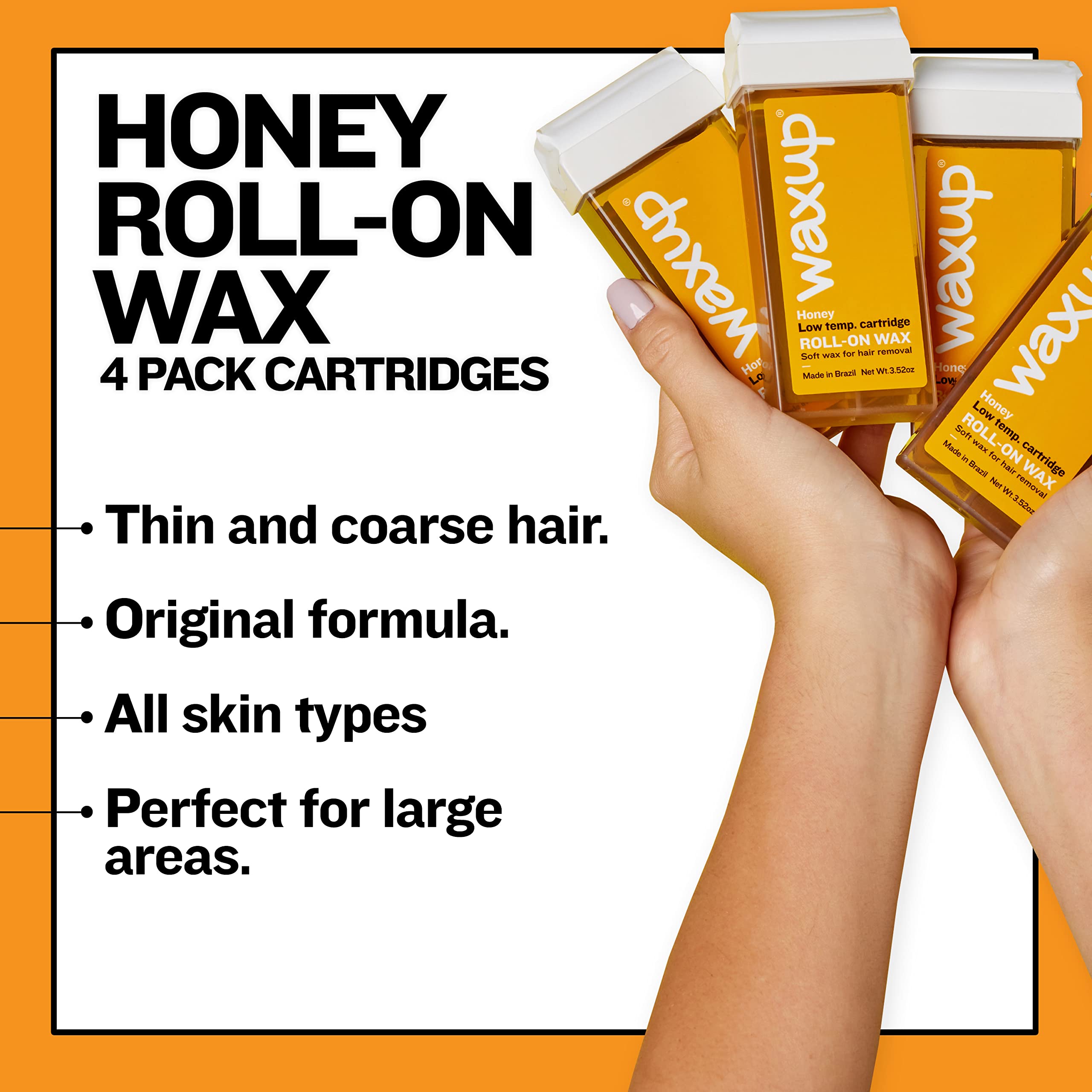 waxup Honey Roll On Wax Refill, Honey Roller Wax 4 Pack, 100 Waxing Strips, Almond Oil Wax Remover, Hair Removal Waxing Kit.
