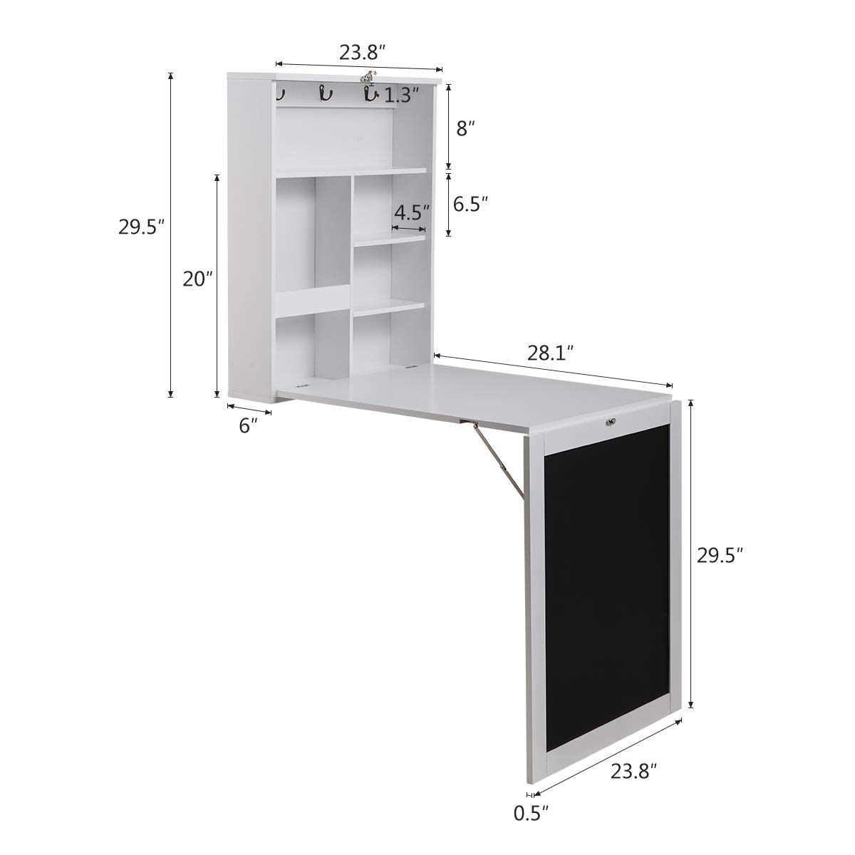 Sandinrayli Wall Mounted Fold Out Computer Laptop Desk with Storage Bookcase & Chalkboard, Convertible Writing Desk, Home Office Furniture, White + Black
