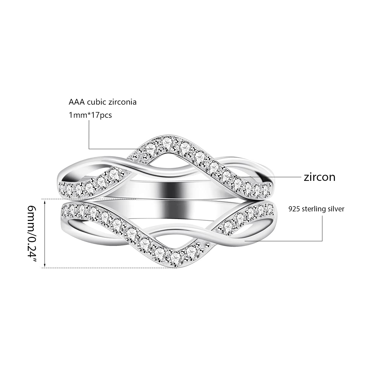 Uloveido Curved Infinity Rings Set of 2 for Women 925 Sterling Silver Arched Halo Ring Guard Enhancer for Wedding Engagement Promise Half Eternity Rings Size 6 Y1521