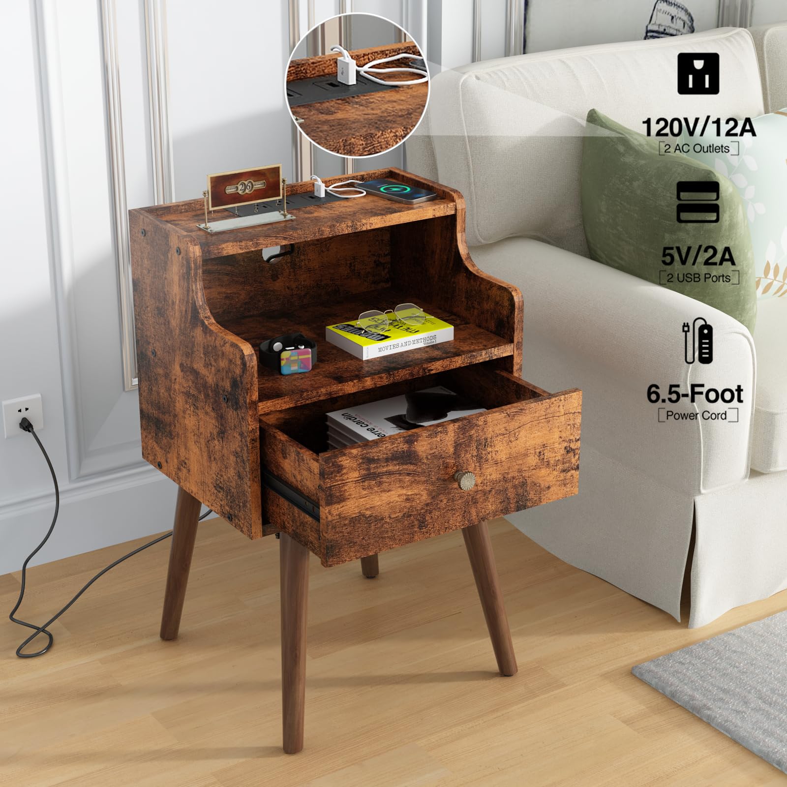 Nightstand with Drawer, Side Table with Charging Station, Mid-Century Modern End Table, 2-Tiers Storage Space Bedside Table with Solid Wood Legs, Black Night Stand for Living Room, Bedroom