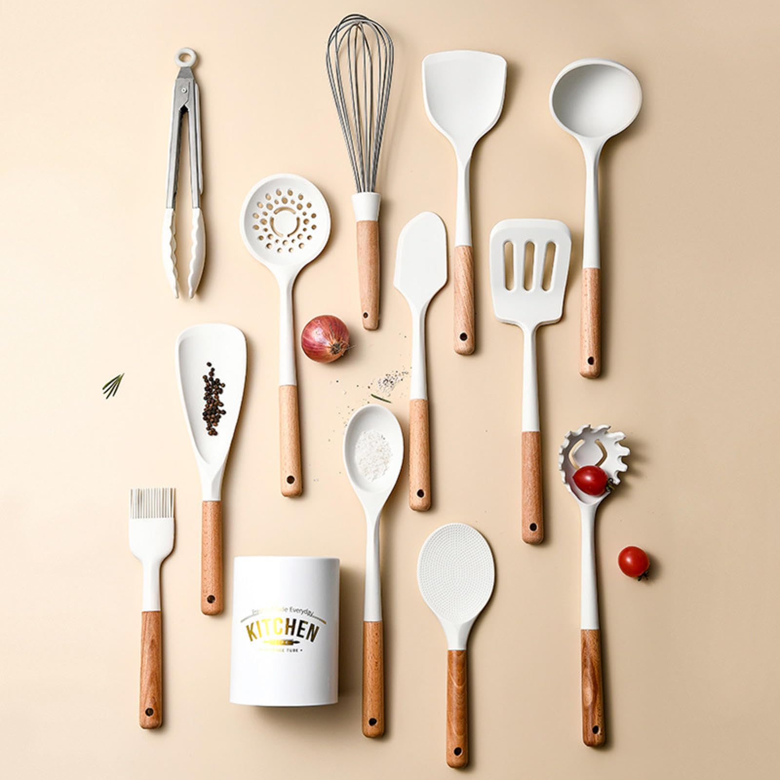 New Milk White Wooden Handle Silicone Kitchen Utensil Set 12 Pieces Non-Stick Cooking Spatula Silicone Kitchen Utensil Set
