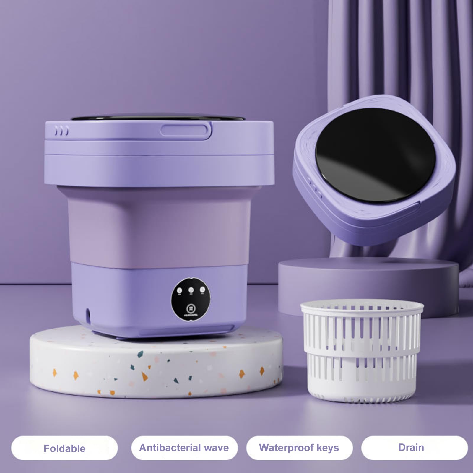 Portable Washing Machine,Foldable Mini Washer,6.5L,3 Modes Deep Cleaning,Detachable Drain Basket,Low Noise Mini Washing Machine for Underwear,Baby Clothes,Socks,Briefs Washing,Mini