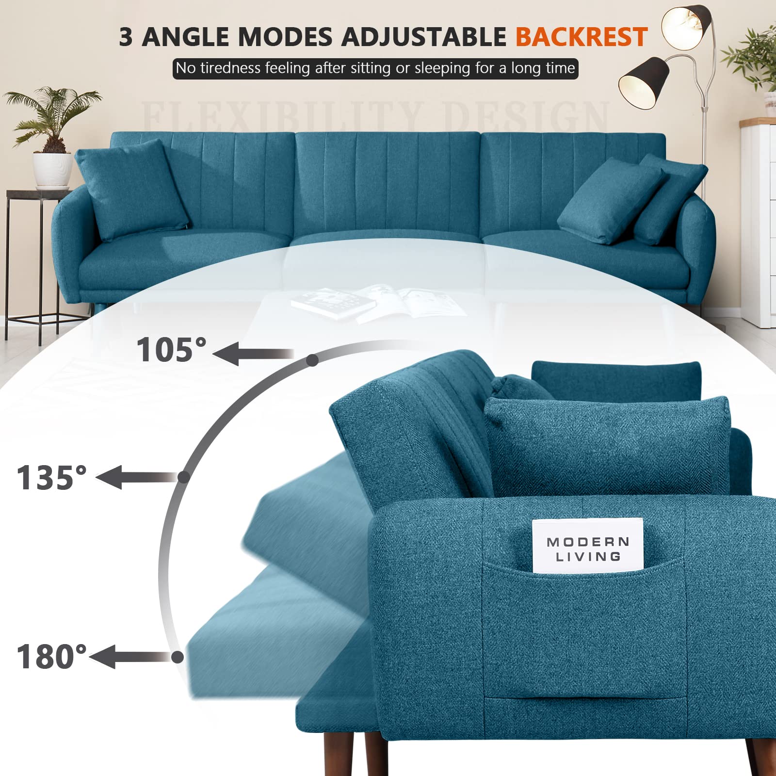 NOBLEMOOD Sleeper Sectional Sofa Bed for Living Room, L-Shaped Linen Fabric Couch Sofas with Reclining Backrest and Removable Ottoman (Blue)