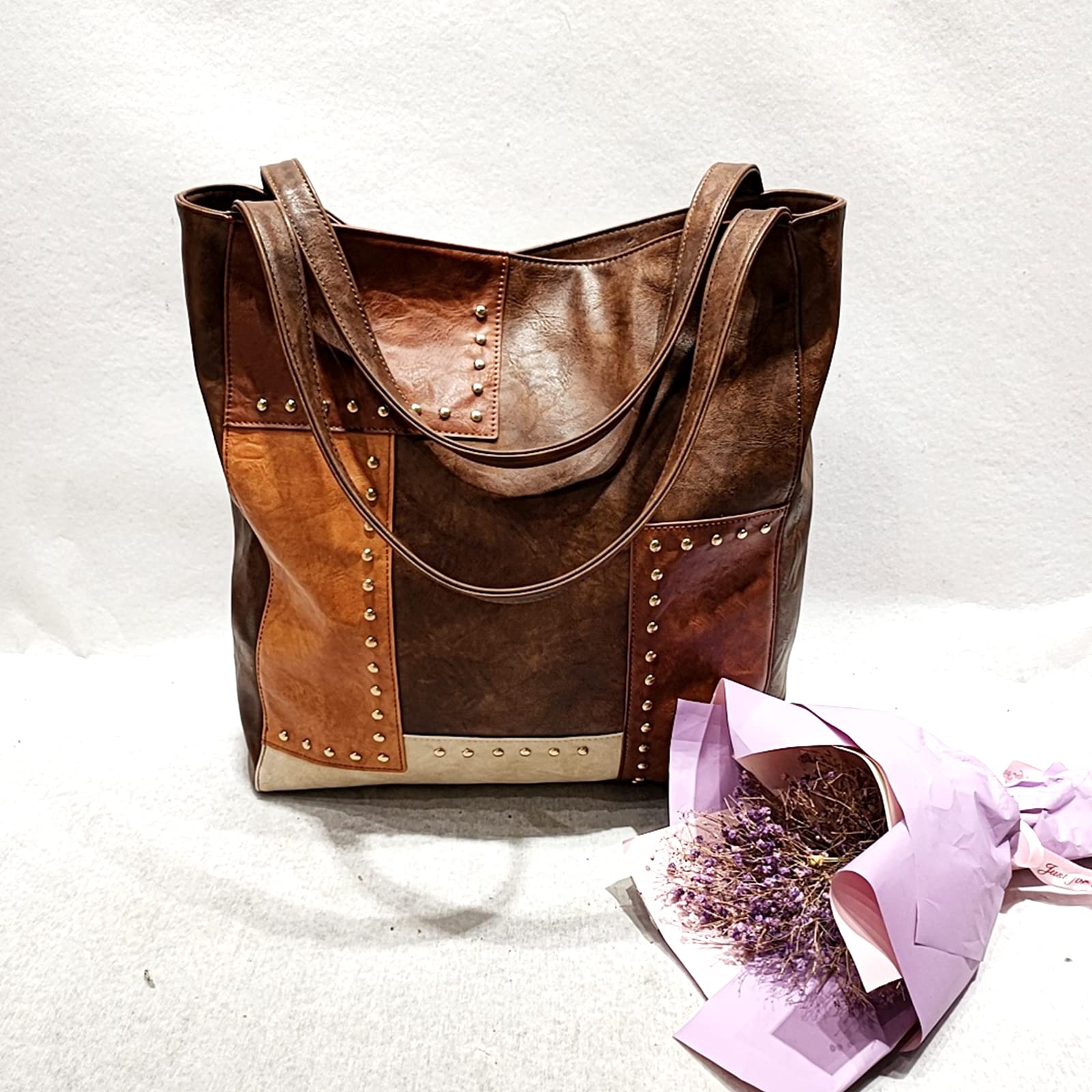 Tote Bag for Women, Large Leather Shoulder, Vegan Leather Handbag, Creative Stitching Rivet Decoration Leather Purse, With Travel, Work, Vacation