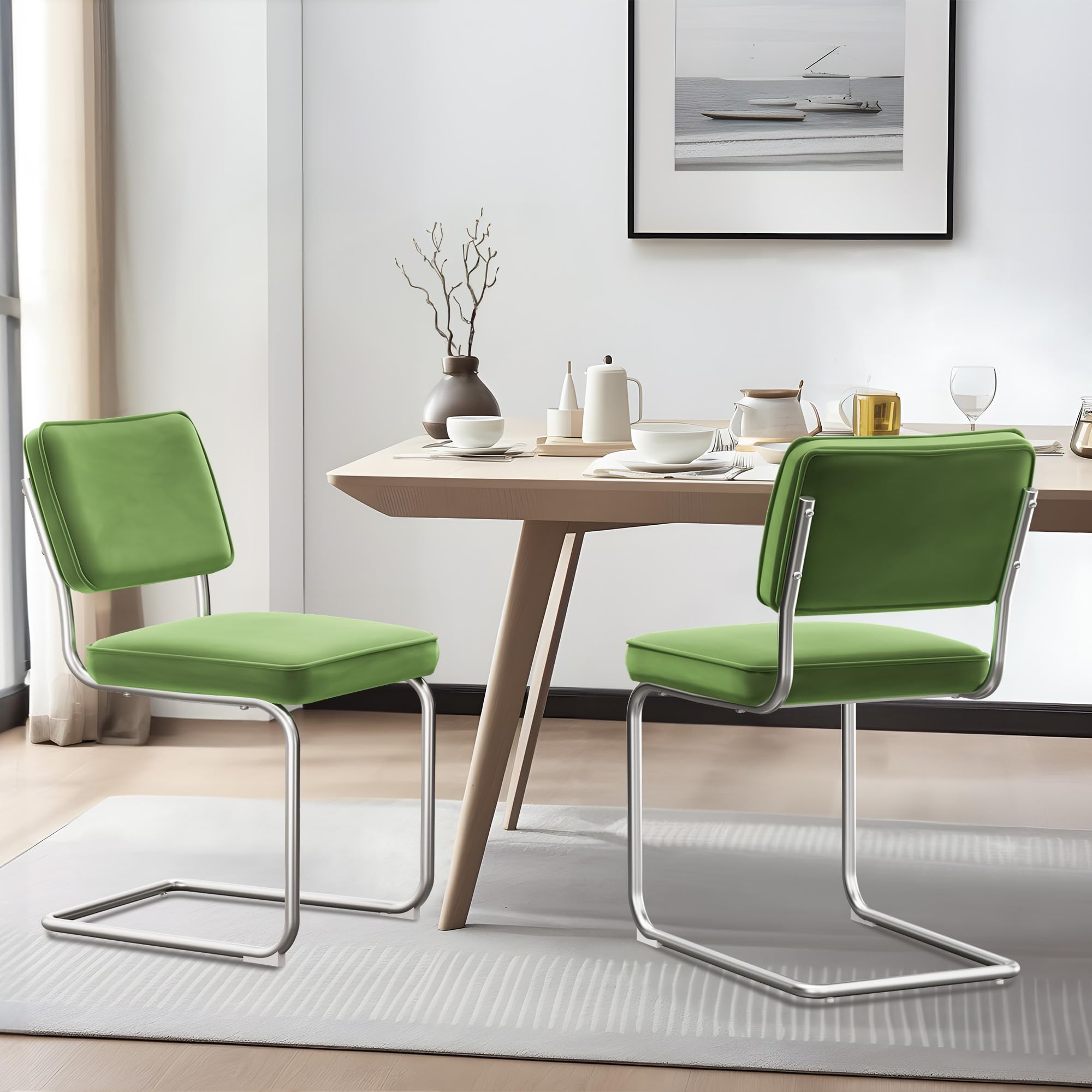 Natsukage Dining Chairs Set of 2 Mid Century Modern Dining Chairs with Chrome Metal Frame Upholstered Velvet Dining Chairs Kitchen & Dining Room Chairs,Green