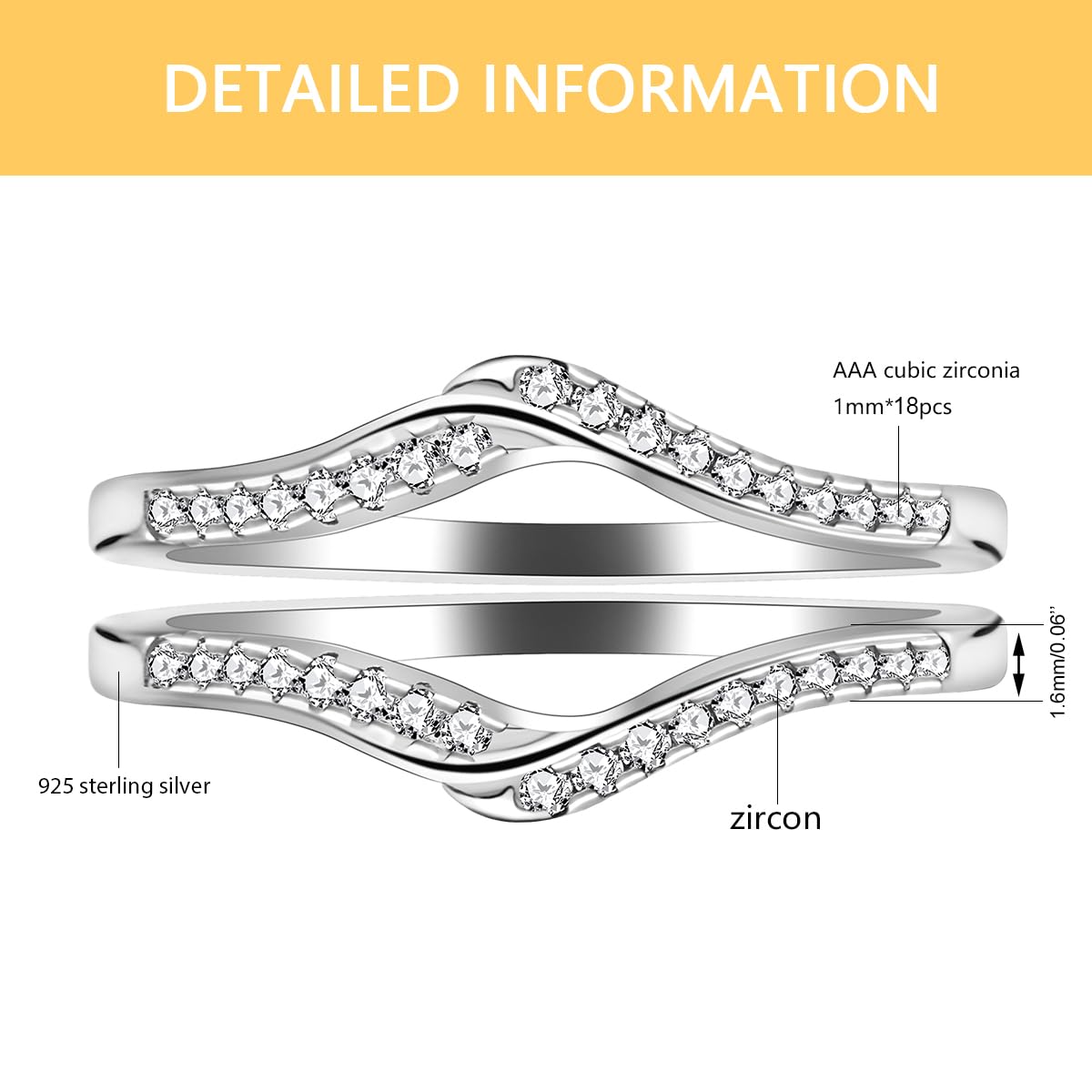 Uloveido Women's 925 Sterling Silver Round CZ Wedding Band Ring Guard Enhancer 2pcs Staking Wrap Rings Set Y1516 (Size 8)