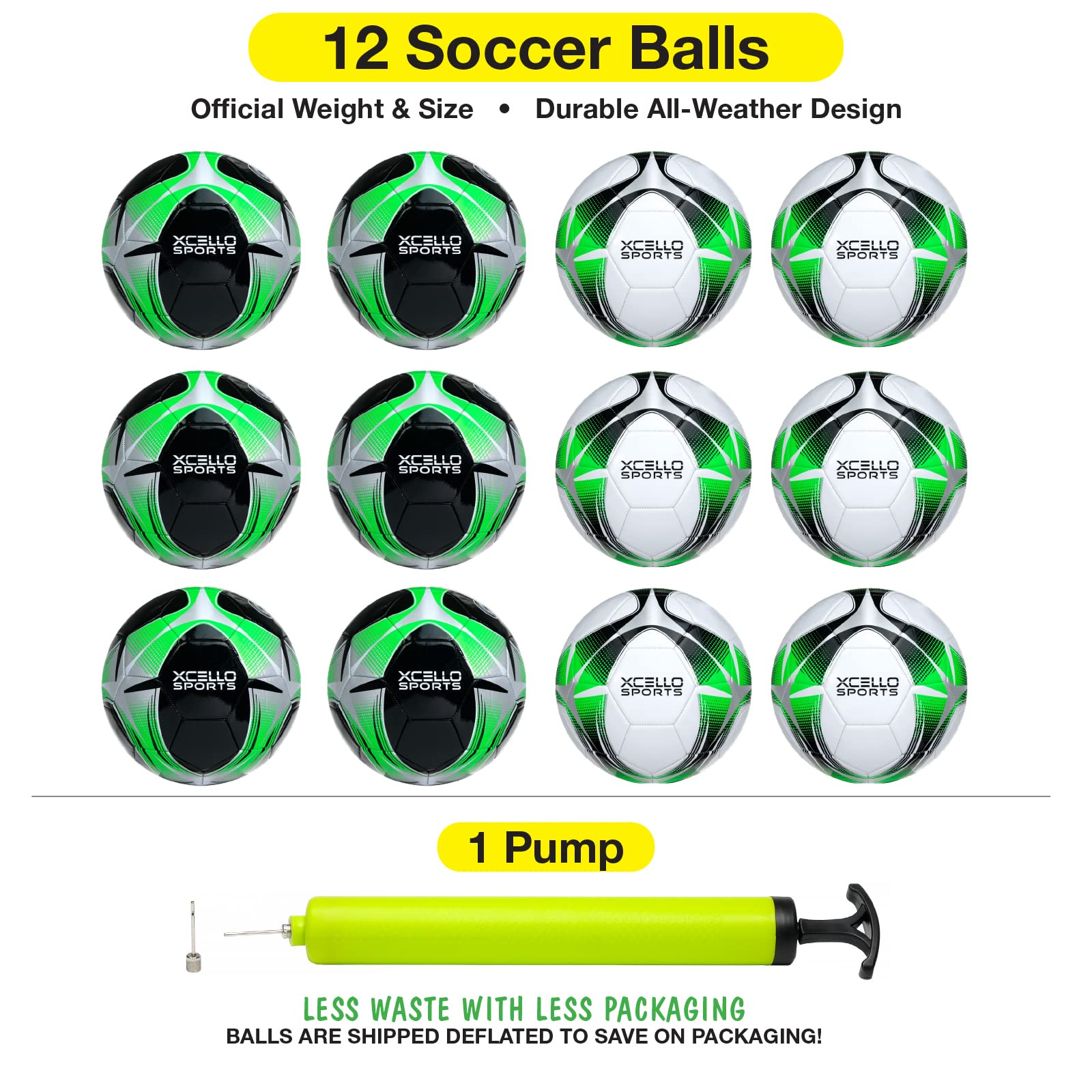 Xcello Sports Soccer Ball (Black/Green/Silver, White/Green/Silver) w/Pump (Size 5, Pack of 6)