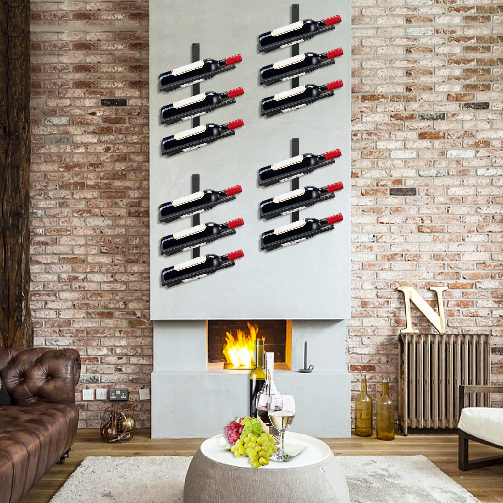 YALINKA Wall Mounted Wine Rack Holds 12 Bottles, Adjustable Separable Black Metal Hanging Wine Bottle Holder, Liquor Bottle Display Shelf for Kitchen Pantry Bar Wine Cellar