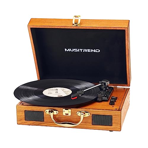 MUSITREND Musitrend Nostalgic Record Player with Bluetooth 3 Speed Turntable Belt Driven Portable Suitcase fit for Home Decoration, Brown (T316WI-USWI)