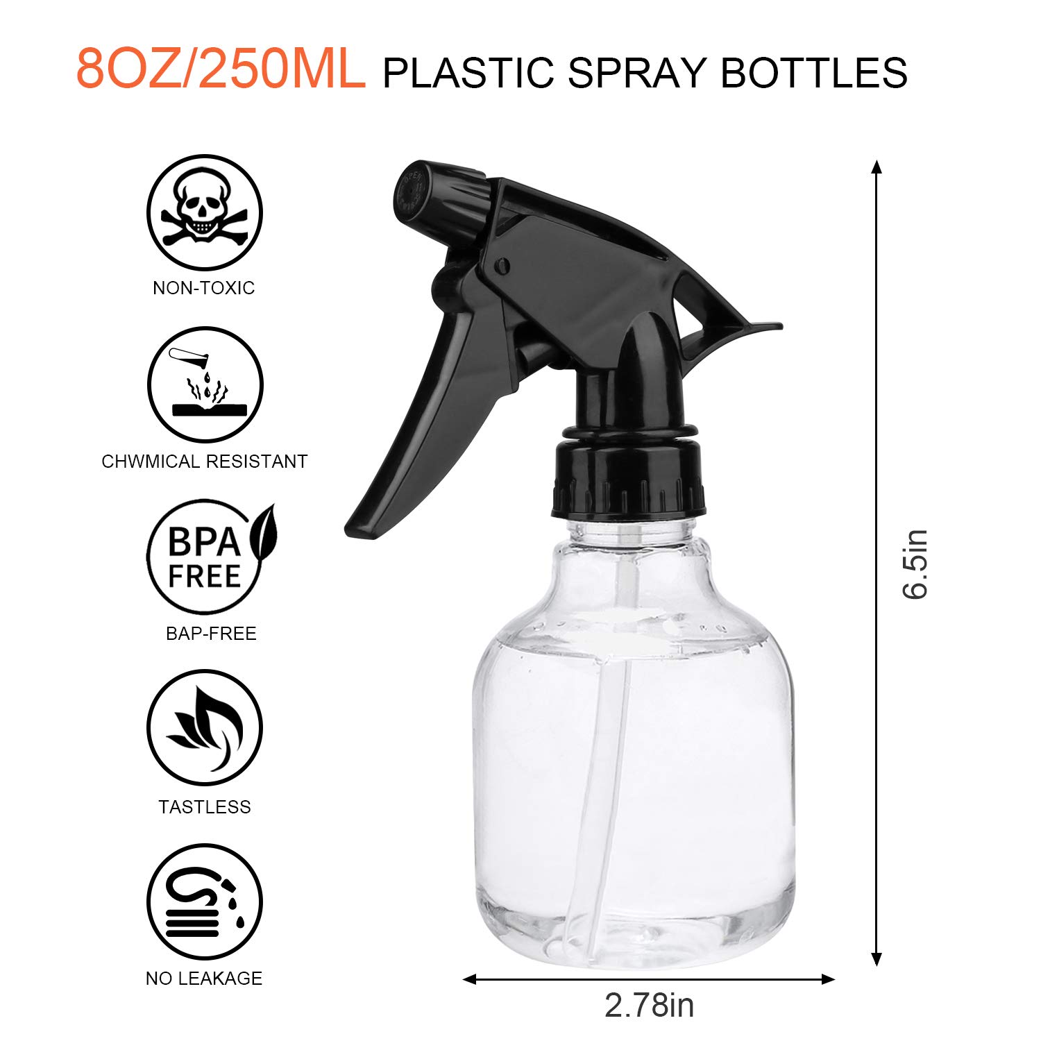 Plastic Spray Bottle,8 0z/250ml Spray Bottles for Cleaning Solutions,Hair,Oils Sprayer Water Squirt Bottle With Black Spray(8 pack)