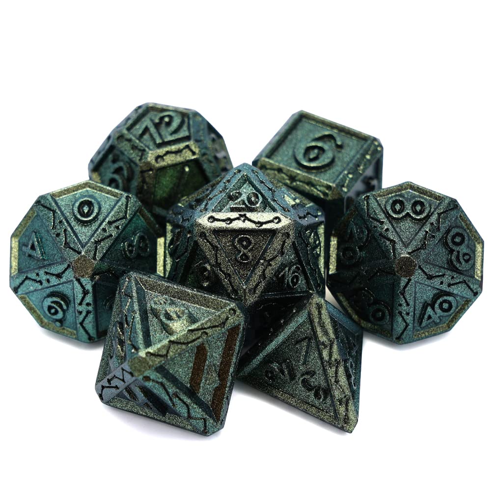 YEMFIRE Original Stellar Bones Dice,7 PCS Solid Metal Dice for Role-Playing Game D&D,RPG Dice Set for Board Game MTG Polyhedral D20 Dice (Green)
