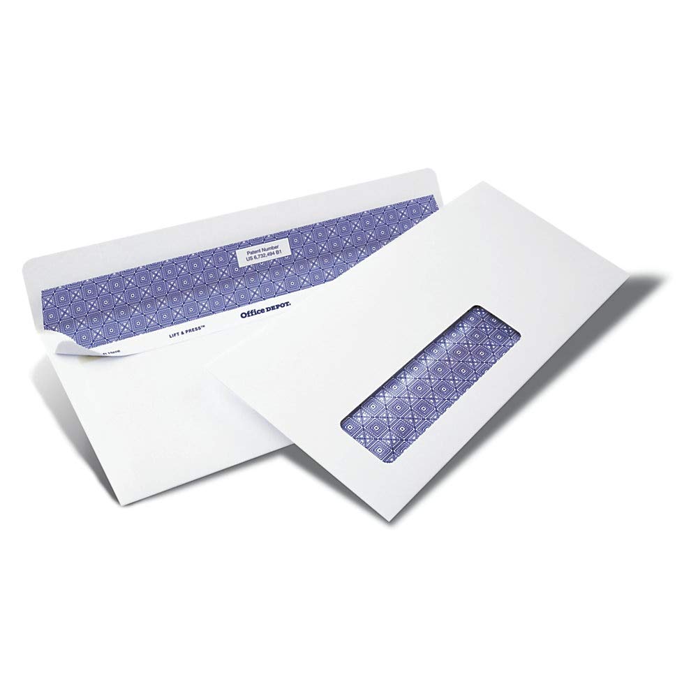 Office Depot 100% Recycled Lift Press(TM) Window Envelopes, 10 (4 1/8in. x 9 1/2in.), White, Pack Of 250, 76172