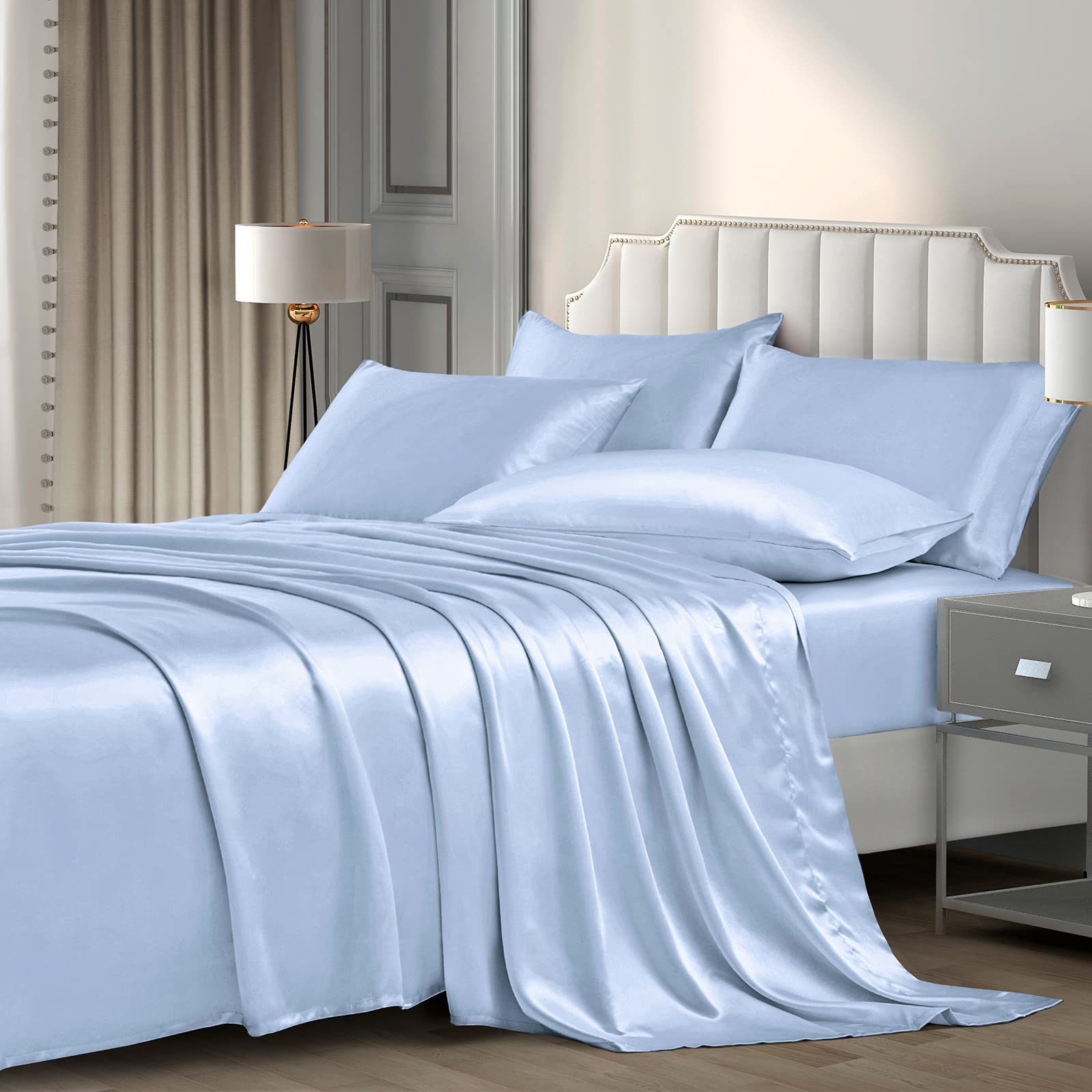 P Pothuiny 6 Pieces Satin Sheets Striped Printed, Flint Blue Satin Bed Sheets Luxury Silky Full Size Bedding Set, 1 Satin Fitted Sheet + 1 Flat Sheet + 4 Pillow Cases