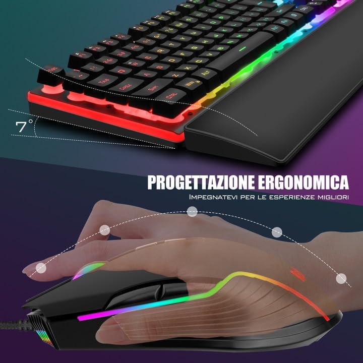 RedThunder K10 Wired Gaming Keyboard and Mouse and Wrist Rest Combo, RGB Backlit, Mechanical Feel Anti-ghosting Keyboard + 7D 7200 DPI Mice+Soft Leather Wrist Rest 3 in 1 PC Gamer Accessories(Black)