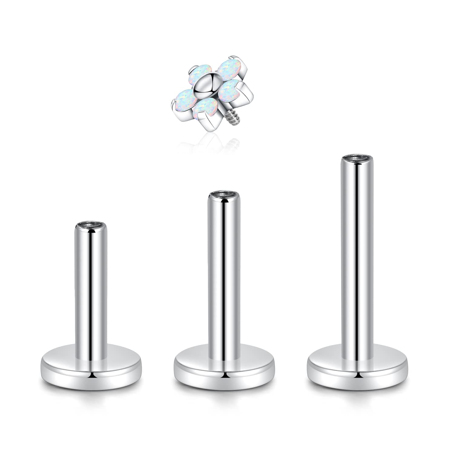 Tragus Piercing Jewelry Cartilage Earring Lip Studs G23 Titanium Earrings Silver Stud Conch Piercing Jewelry Helix Earrings Stud Flower Opal End with 16g 6mm 8mm 10mm Internally Threaded Labret Post
