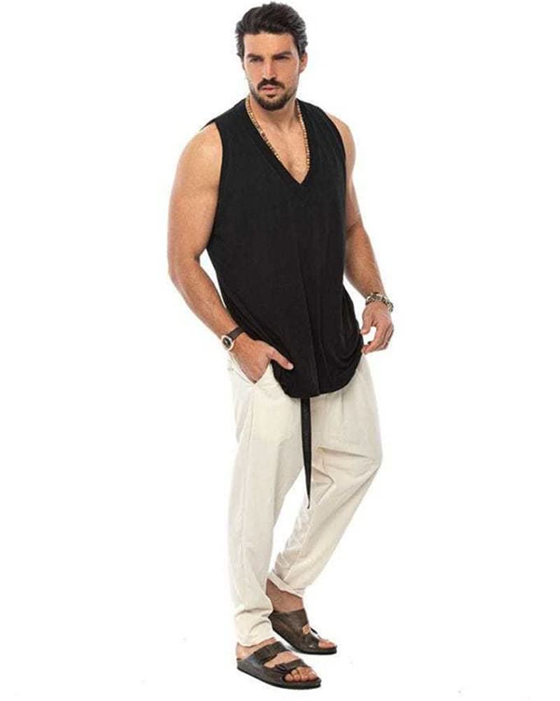 utcoco Men's Cotton Linen Tank Tops Solid Color V-Neck Cut Off Tee Summer Beach Sleeveless Shirts for Men (XL, Black)