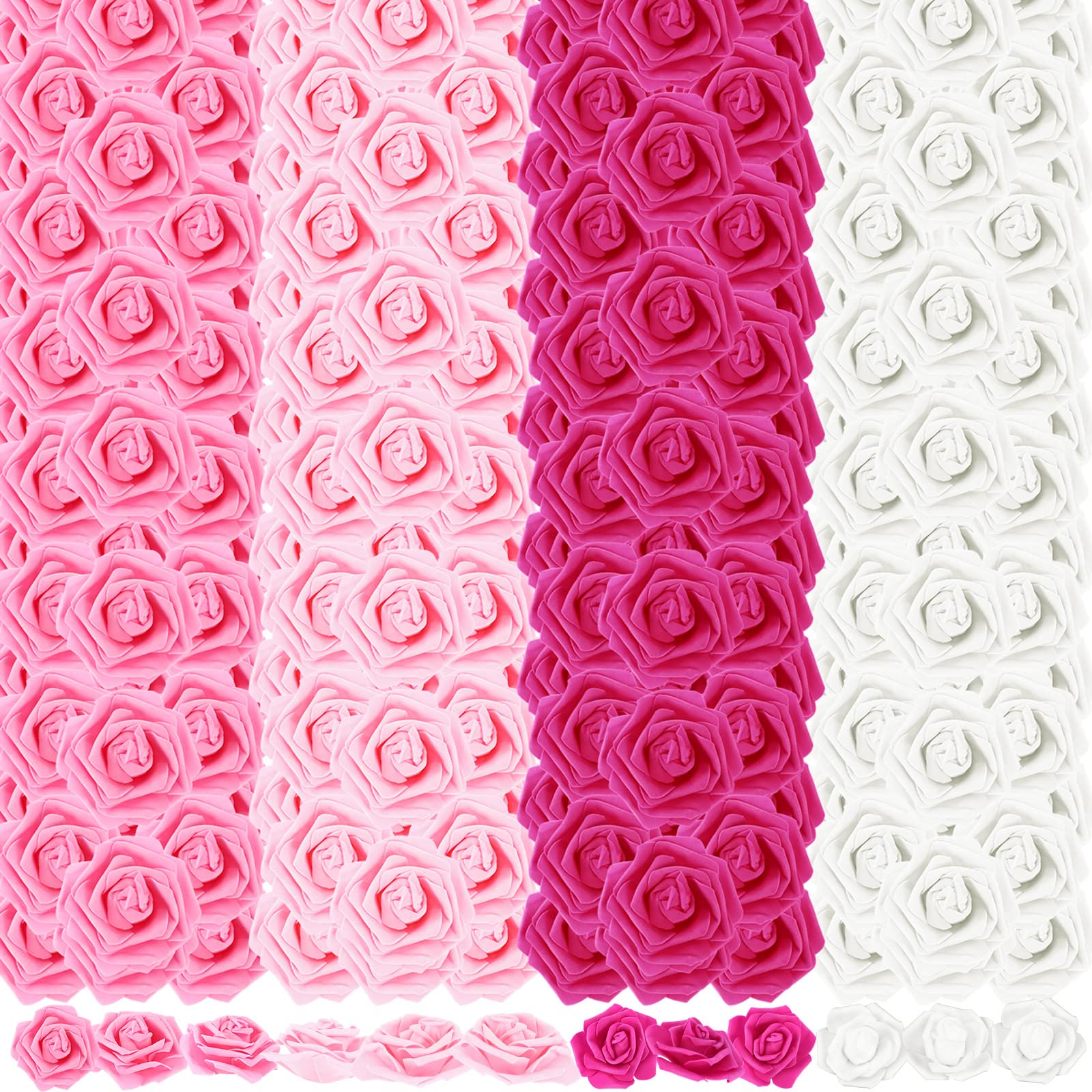 Sinmoe 600 Pieces Artificial Rose Flower Heads for Decorations 3 Inch Stemless Flowers for Weddings Bouquets DIY Crafts 4 Colors Pink White Foam Fake Roses for Baby Shower Arrangements Party Home