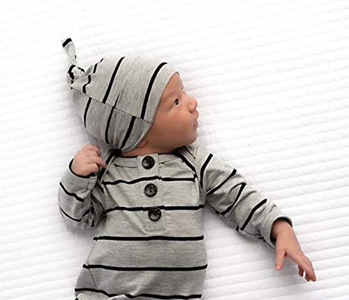 Newborn Baby Cotton Striped Gown Swaddle Wrap Knotted Sleepwear Sleeping Bags + Warm Headband (Grey, 0-6M)