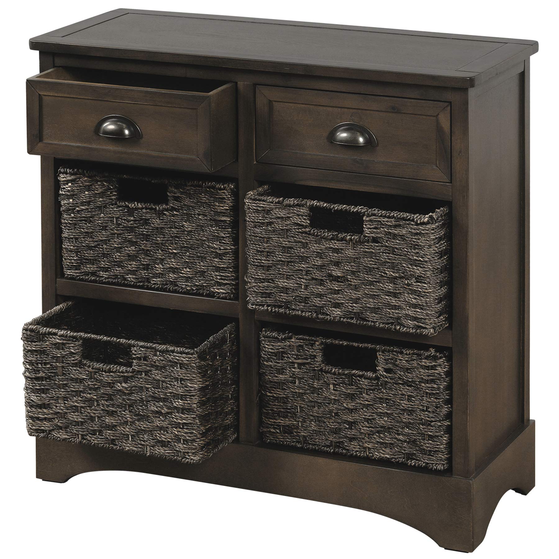 P PURLOVE Storage Cabinet Retro Style Storage Unit with 2 Drawers and 4 Baskets for Home Entryway Living Room (Dark Brown)