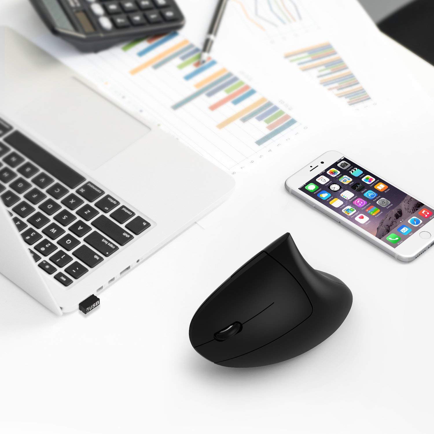 Rechargeable Left Handed Cordless Mouse, Left Ergonomic Wireless Mouse - 2.4G Left Hand Vertical Mice with USB Nano Receiver, 6 Buttons, Adjustable DPI 1000/1200 /1600, Less Noise - Black