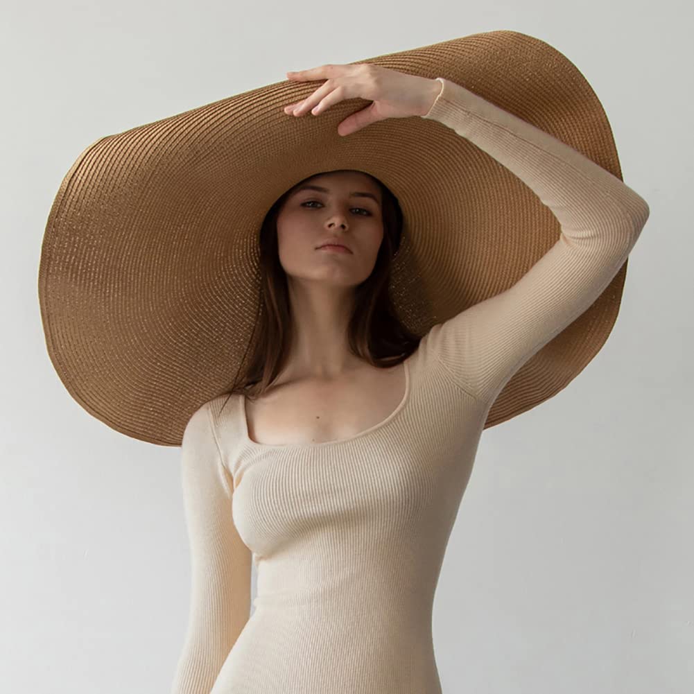 Straw Hat Oversize Hat Wide Brim Summer Hat Handmade Roll Up Floppy Sun Hat for Summer Beach Cap for Women (Khaki)-80CM